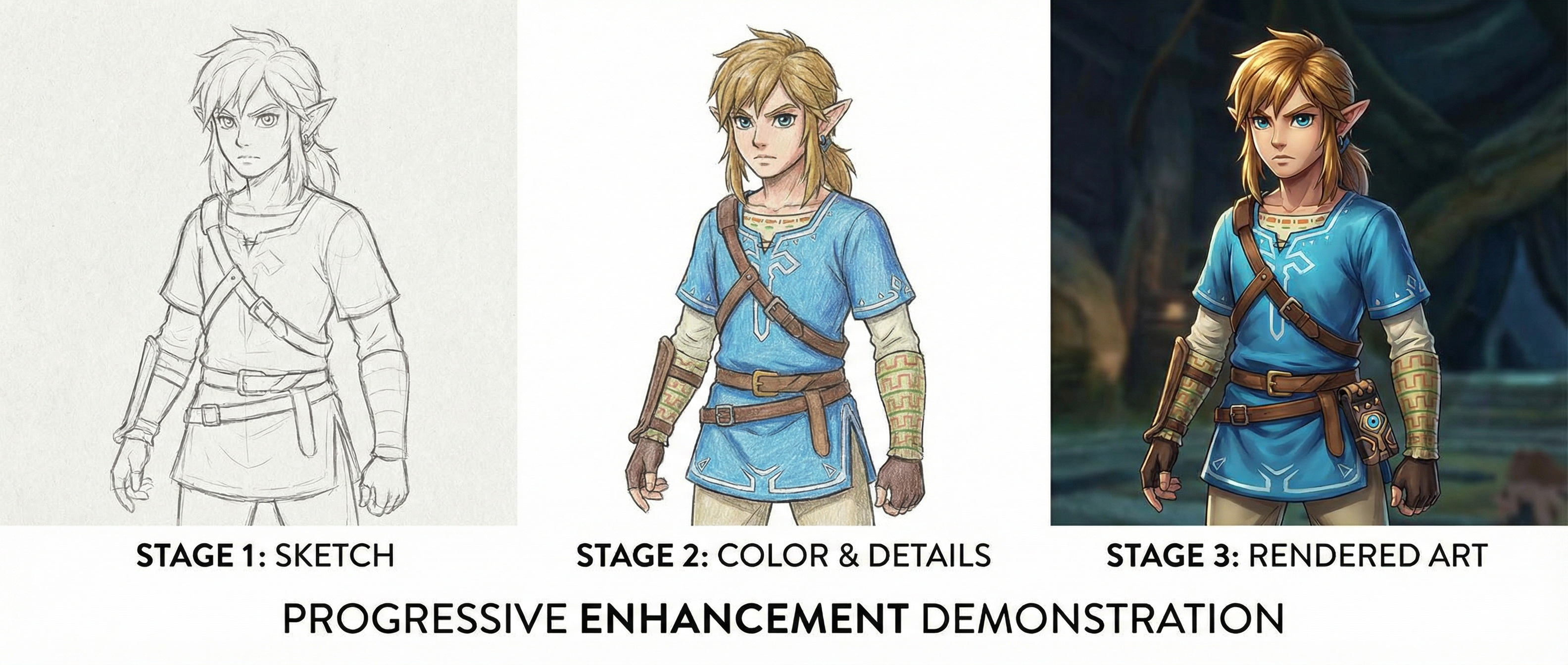 Three-stage progressive sketch to art enhancement process